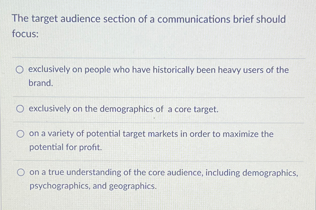 Solved The target audience section of a communications brief | Chegg.com