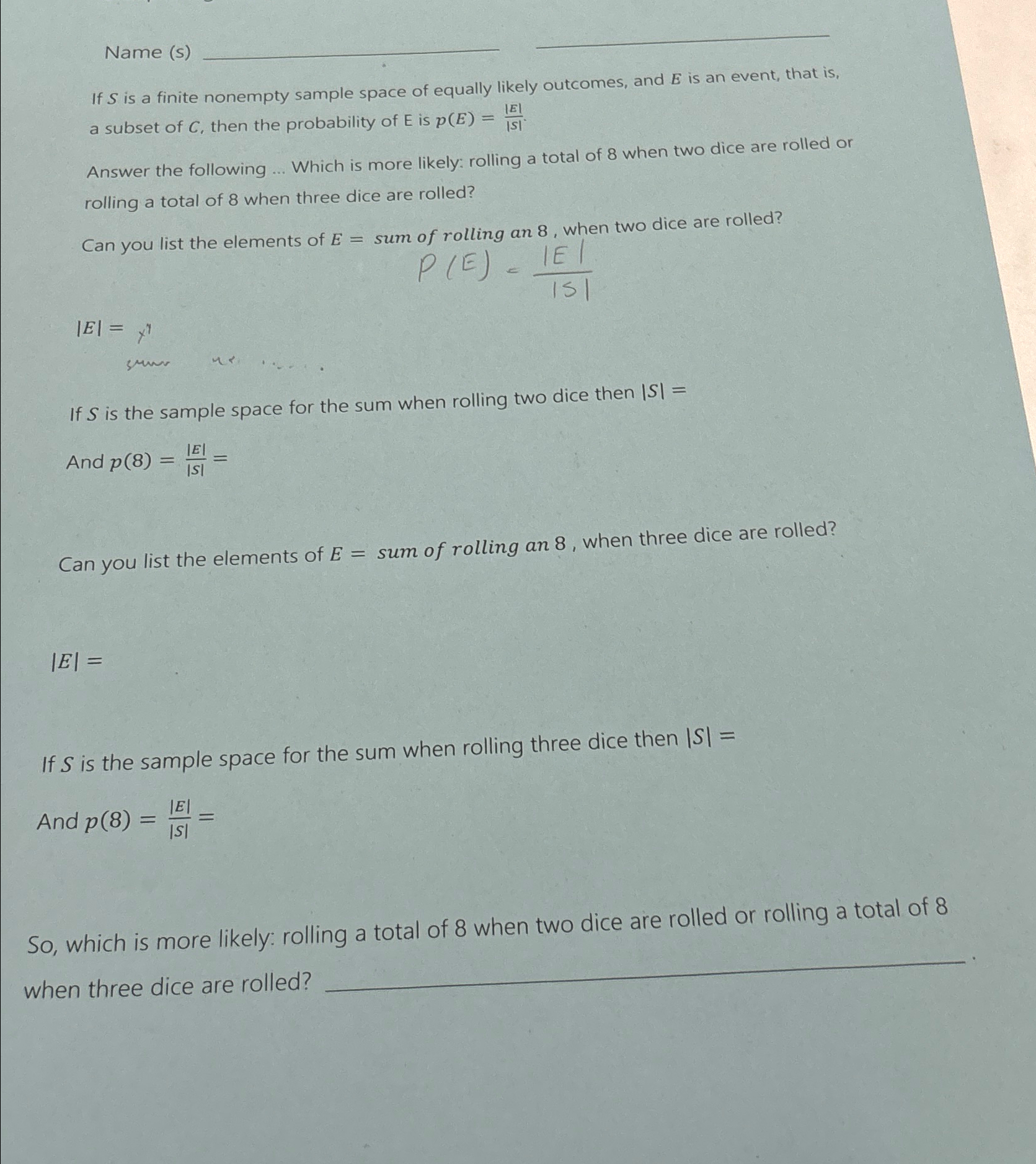 Solved Name (s)If S ﻿is a finite nonempty sample space of | Chegg.com
