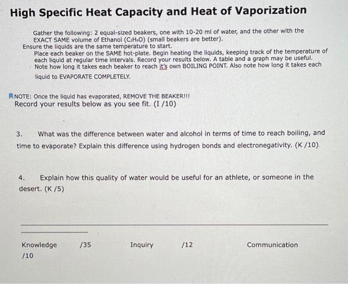 Solved High Specific Heat Capacity and Heat of Vaporization | Chegg.com