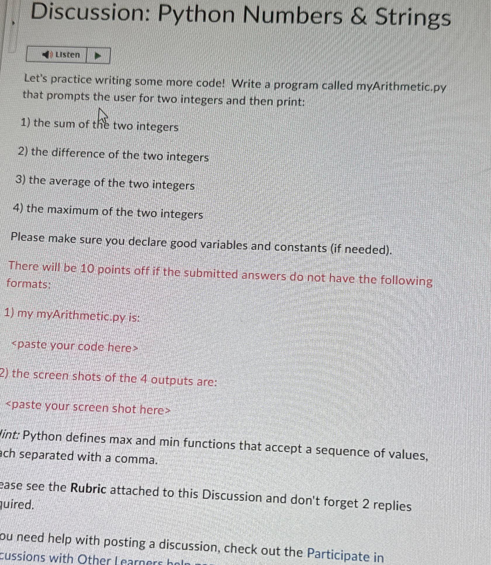 Solved Discussion: Python Numbers & StringsLet's practice | Chegg.com
