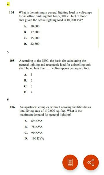 Solved 4. 104 What is the minimum general lighting load in | Chegg.com