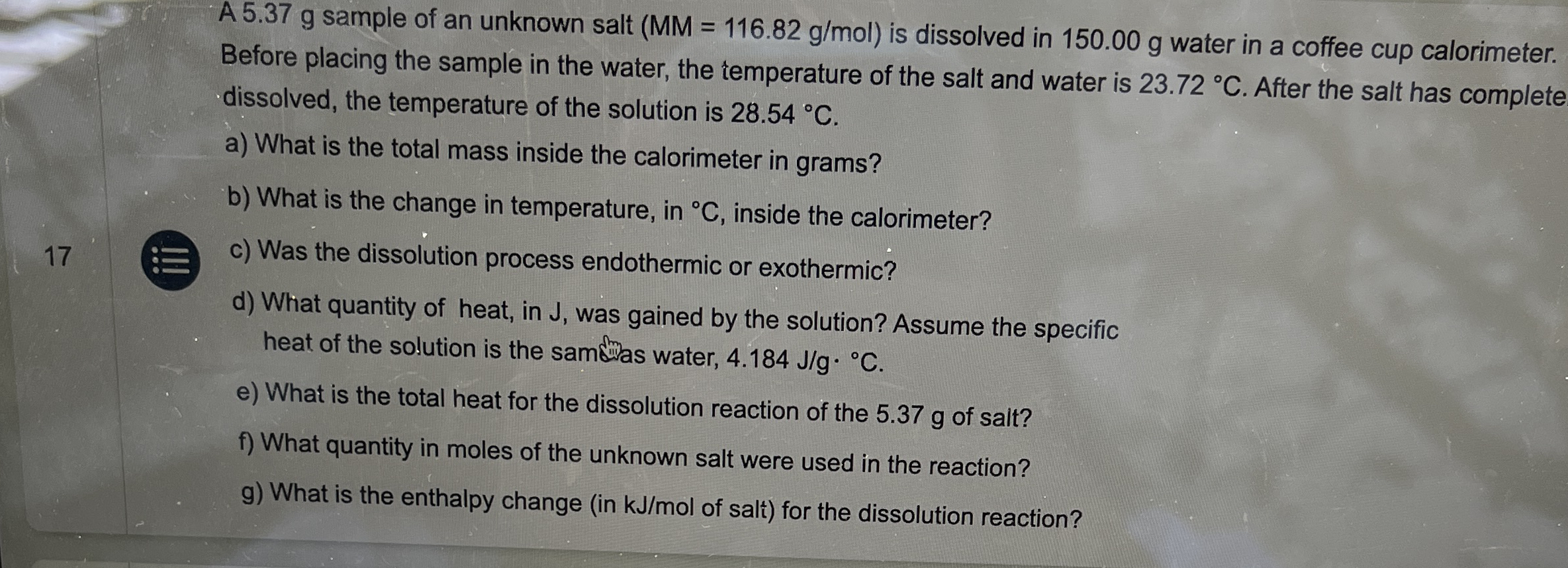 Solved A 5.37 ﻿g sample of an unknown salt ( MM=116.82gmol ) | Chegg.com