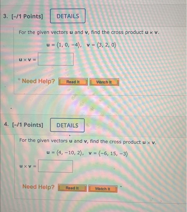 Solved For the given vectors u and v, find the cross product | Chegg.com