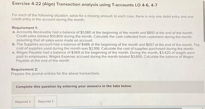 Solved Exercise 4-22 (Algo) Transaction analysis using | Chegg.com