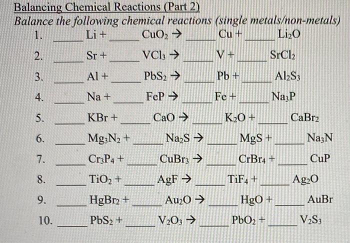Solved Balancing Chemical Reactions (Part 2) Balance the | Chegg.com