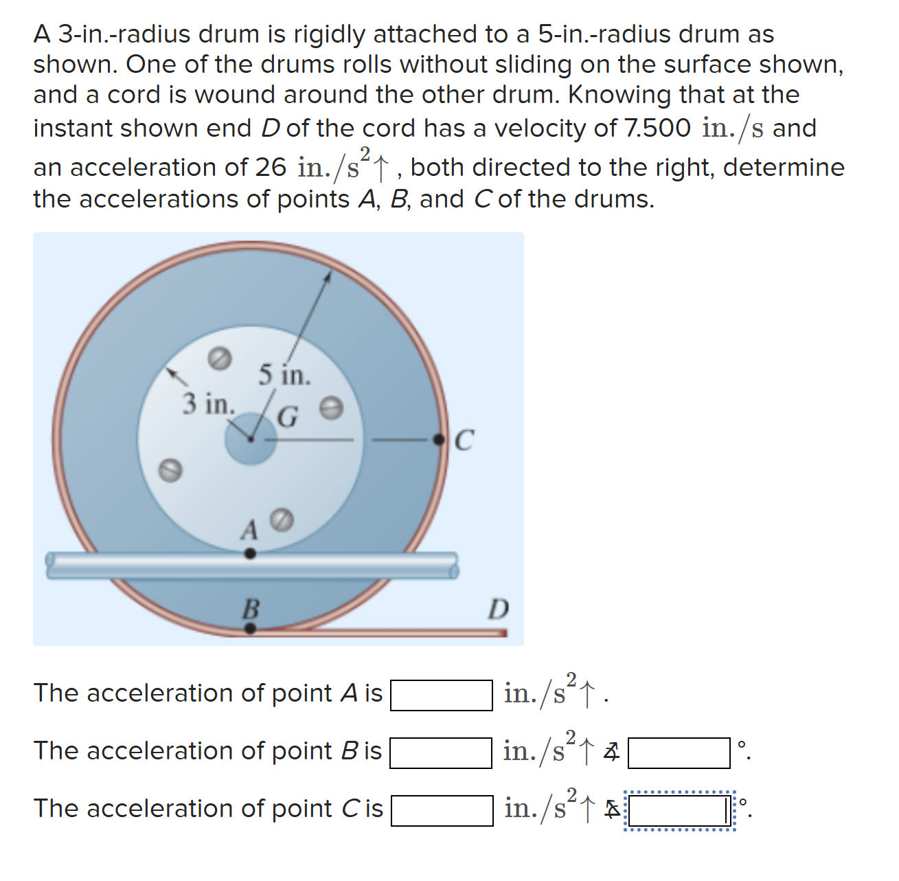Solved A 3-in.-radius drum is ﻿rigidly attached | Chegg.com