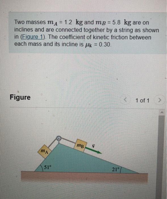 Solved Two masses mA=1.2 kg and mB=5.8 kg are on inclines | Chegg.com