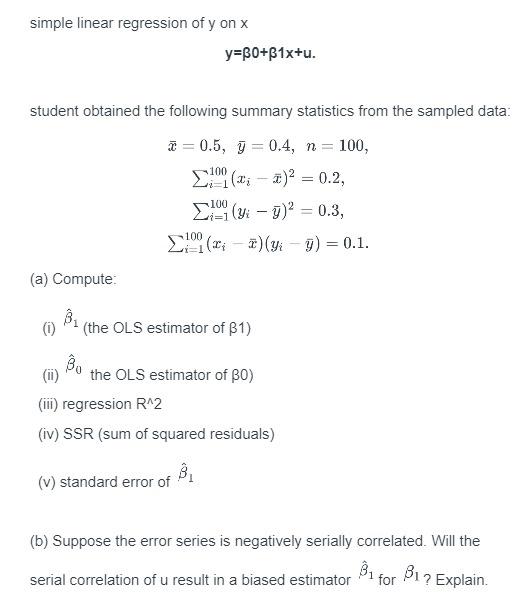 Solved simple linear regression of y on x y=30+31x+u. | Chegg.com