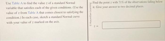 Solved Use Table A to find the value z of a standard Normal | Chegg.com