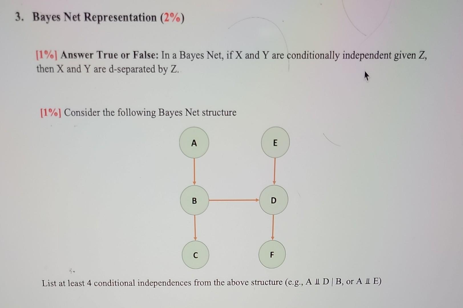 Solved [1\%] Answer True or False: In a Bayes Net, if X and | Chegg.com