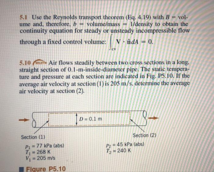 Solved 5.1 Use the Reynolds transport theorem (Eq. 4.19) | Chegg.com