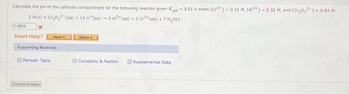 Solved Calculate the pH of the cathode compartment for the | Chegg.com