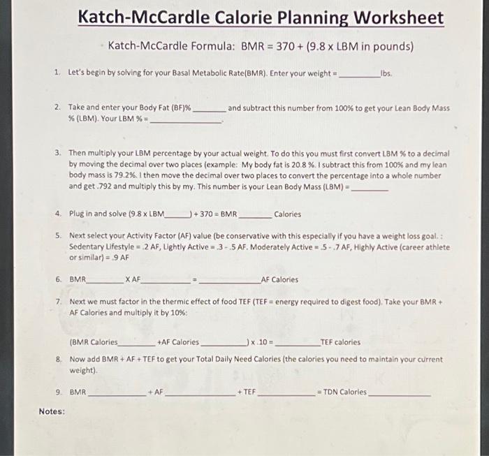 Solved Katch-McCardle Calorie Planning Worksheet | Chegg.com