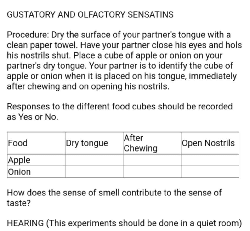 Solved GUSTATORY AND OLFACTORY SENSATINS Procedure: Dry the | Chegg.com