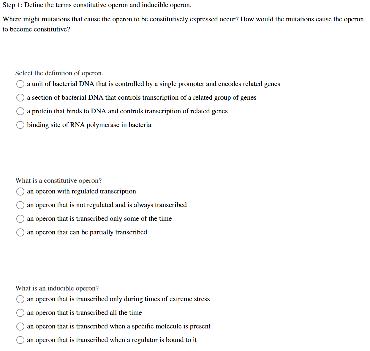 Solved Step 1: Define the terms constitutive operon and | Chegg.com
