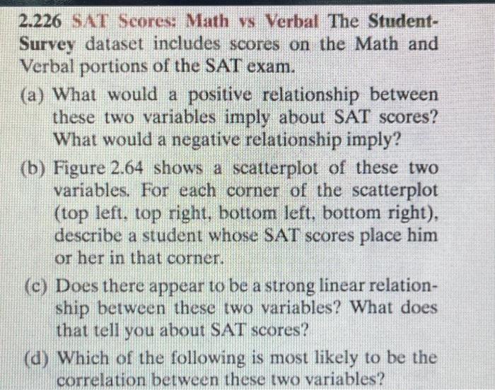 Solved 2.226 SAT Scores: Math vs Verbal The StudentSurvey | Chegg.com
