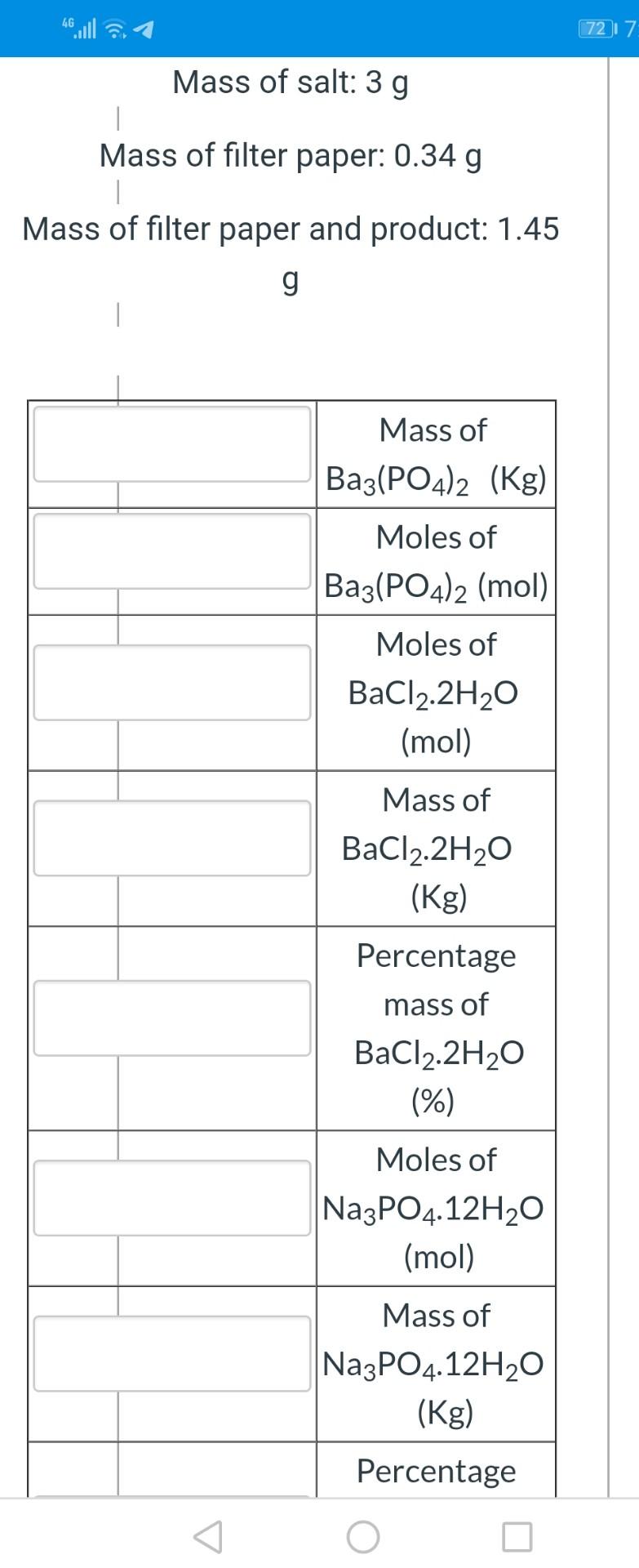 4G (7217 Mass of salt: 3 g Mass of filter paper: 0.34 | Chegg.com