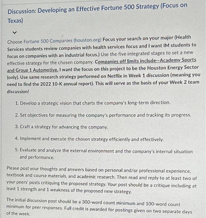 Solved Discussion: Developing an Effective Fortune 500 | Chegg.com