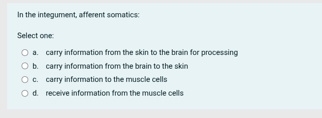 Solved In the integument, afferent somatics:Select one:a. | Chegg.com