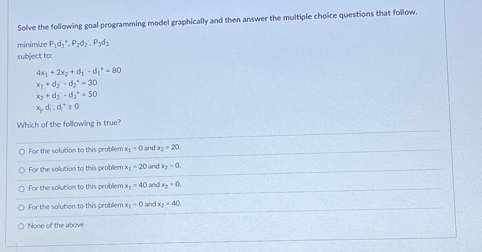 Solved Solve the following goal programming model | Chegg.com
