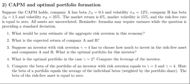 Solved CAPM and optimal portfolio formationSuppose the CAPM | Chegg.com