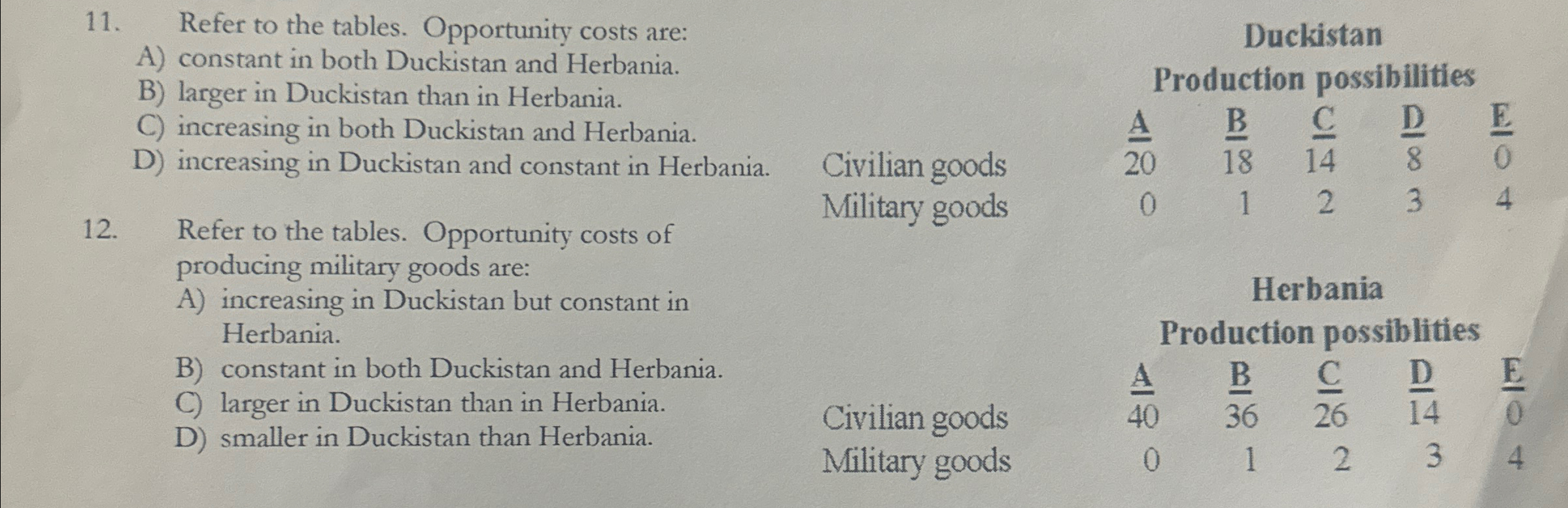 Solved Refer to the tables. Opportunity costs are:A) | Chegg.com
