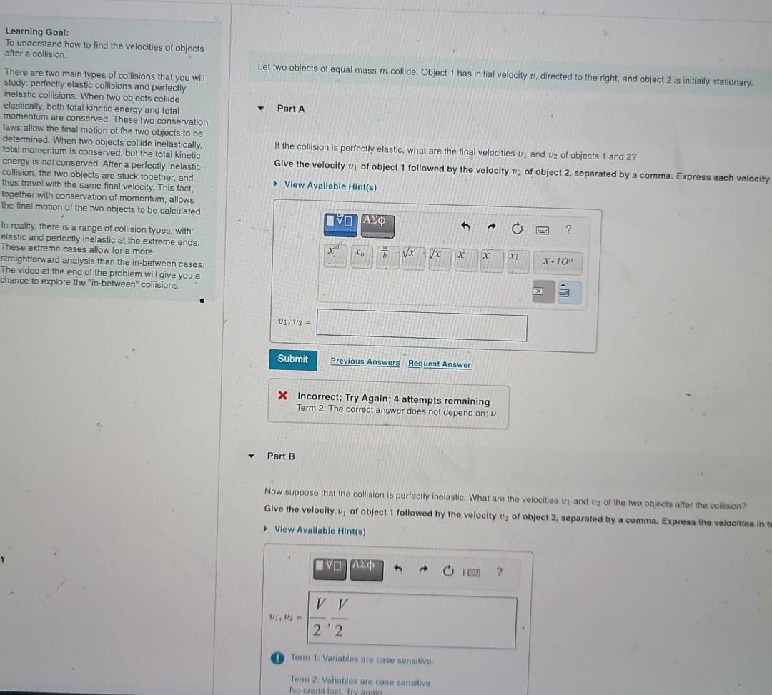 Solved Let two objects of equal mass m collide. Object 1 has | Chegg.com
