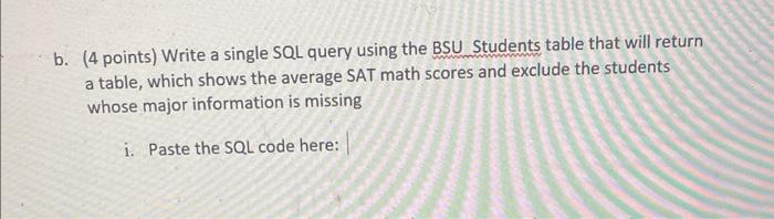 Solved b. (4 points) Write a single SQL query using the BSU | Chegg.com