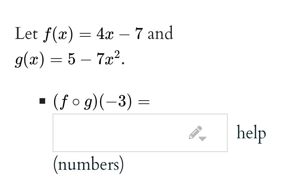 Solved Let f(x) = 5x2 – 9 and g(x) = 6 – 4x. (fog)(x) help | Chegg.com