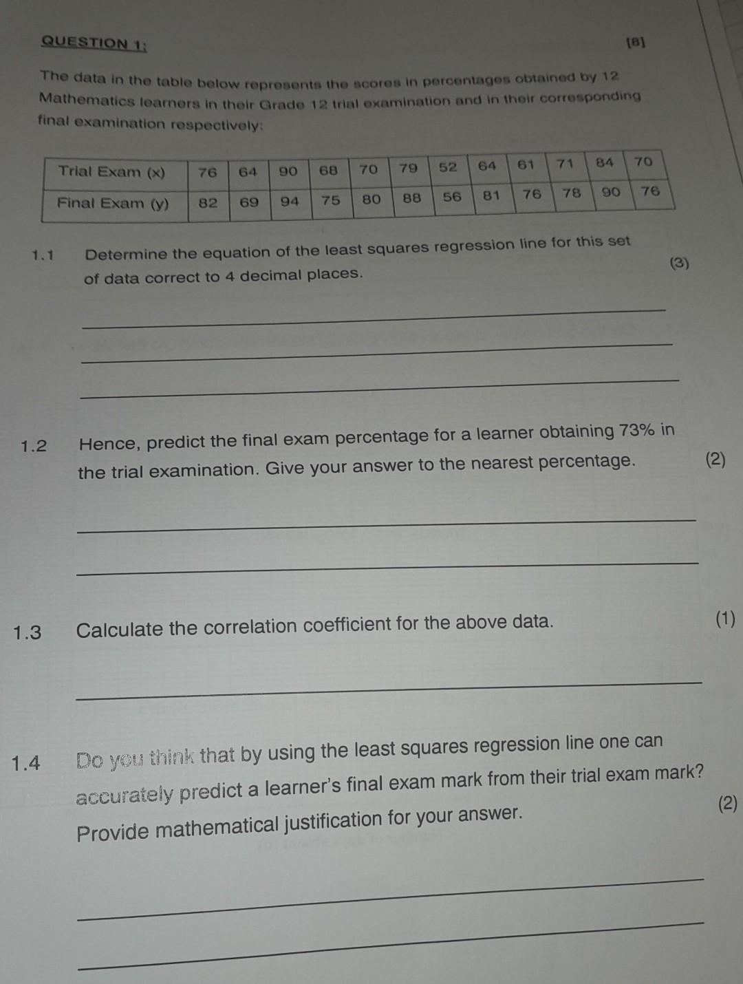 Solved QUESTION 1 : [8] The data in the table below | Chegg.com