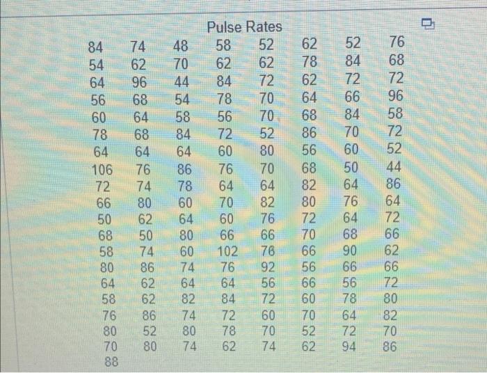 [Solved]: Use the pulse rates (beats per minute) of males
