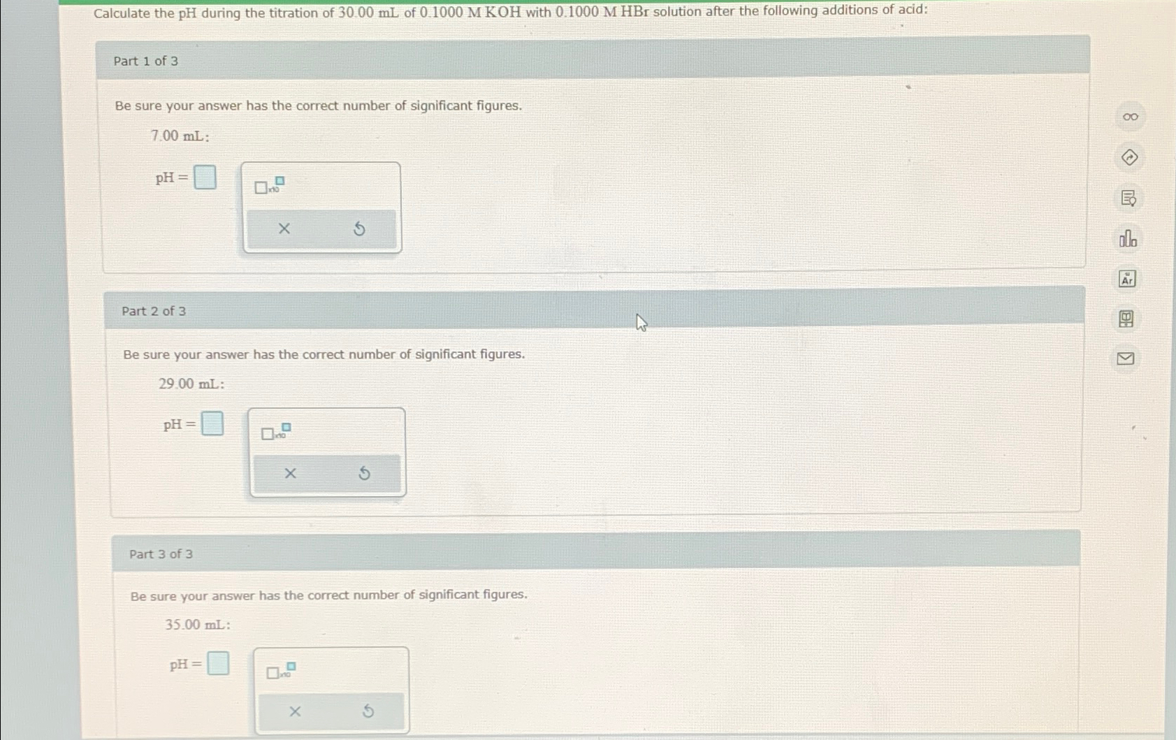 Solved Calculate the pH ﻿during the titration of 30.00mL ﻿of | Chegg.com