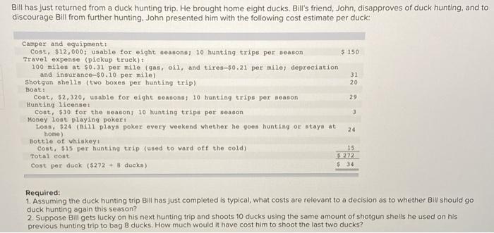 Solved Che Requirea: 1. Assuming the duck hunting trip Bill | Chegg.com