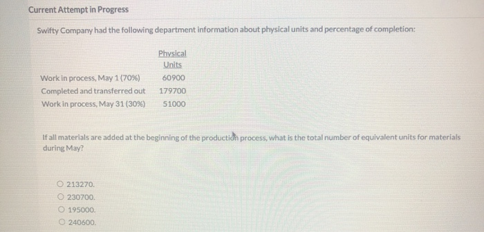 Solved Current Attempt in Progress Swifty Company had the | Chegg.com