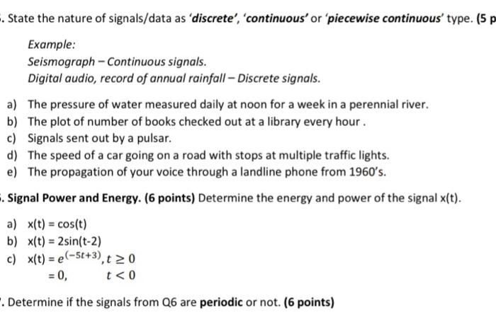 Solved State the nature of signals/data as 'discrete', | Chegg.com