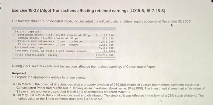 Solved Exercise 18-23 (Algo) Transactions affecting retained | Chegg.com