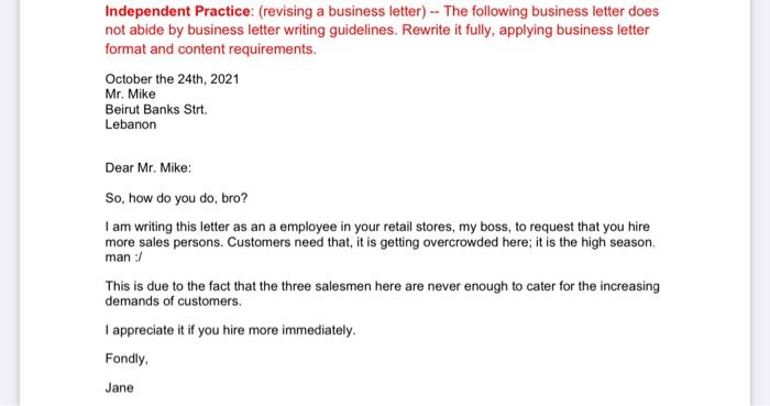 Solved Independent Practice: (revising a business letter) - | Chegg.com