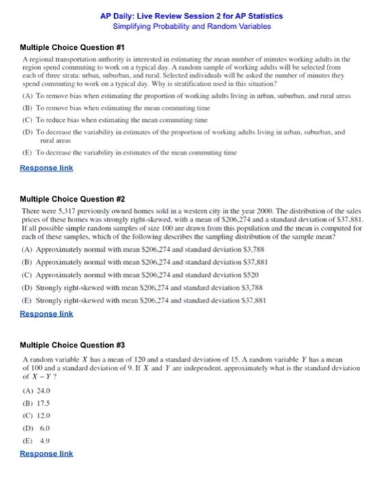 Solved AP Daily: Live Review Session 2 for AP Statistics | Chegg.com