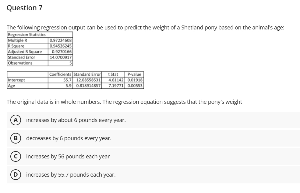 Solved Question 7The following regression output can be used | Chegg.com