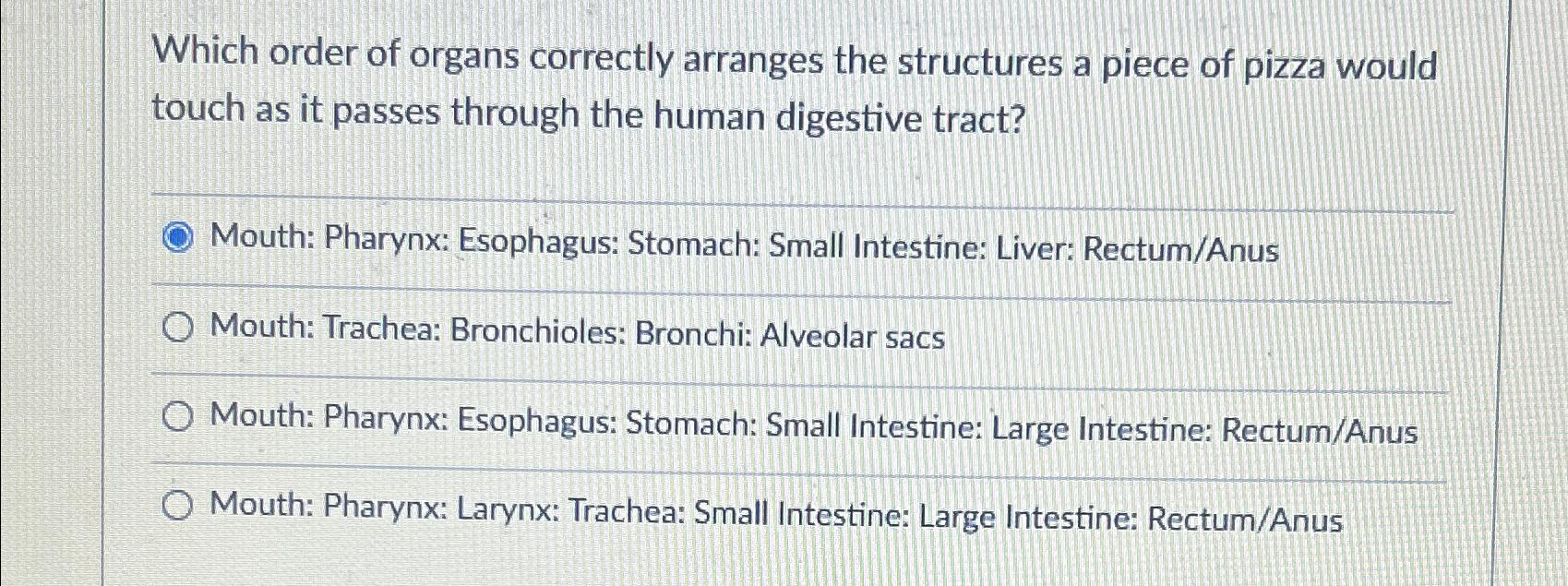 Which order of organs correctly arranges the | Chegg.com
