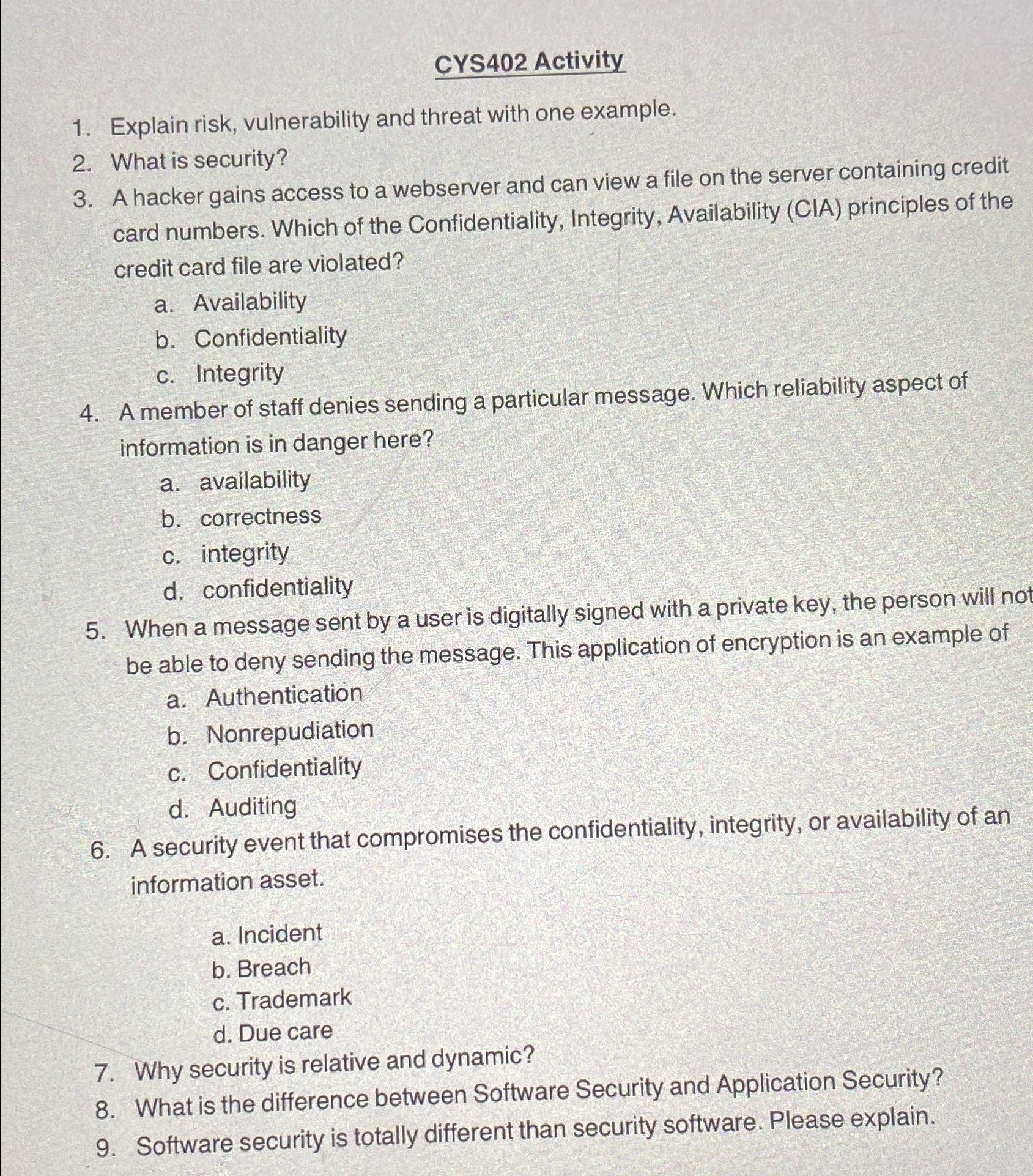 Solved CYS402 ﻿ActivityExplain risk, vulnerability and | Chegg.com
