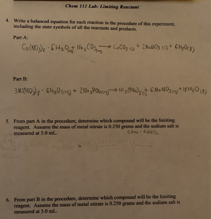 Solved Chem 111 Lab: Limiting Reactant 4. Write a balanced | Chegg.com