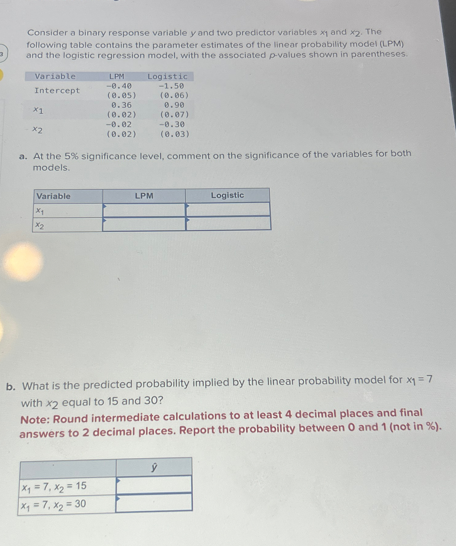 Solved Consider a binary response variable y ﻿and two | Chegg.com