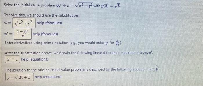 Solved Solve the initial value problem yy′+x=x2+y2 with | Chegg.com