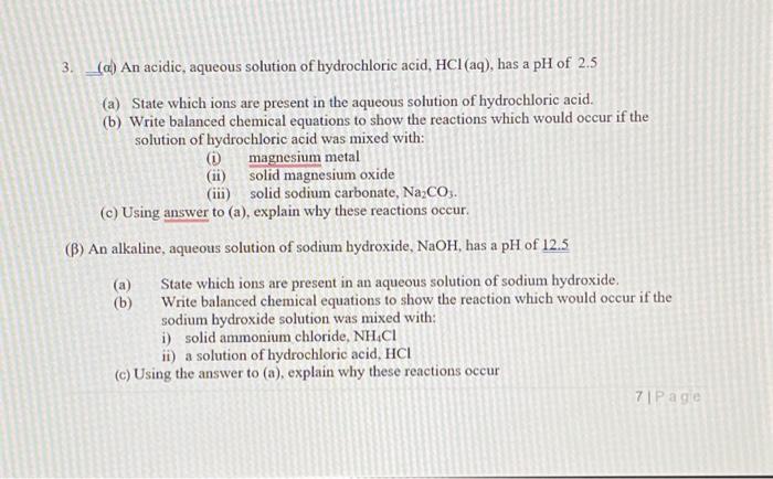 Solved 3. (a) An acidic, aqueous solution of hydrochloric | Chegg.com