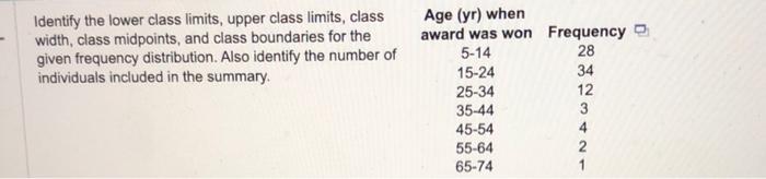 Solved Identify the lower class limits, upper class limits, | Chegg.com