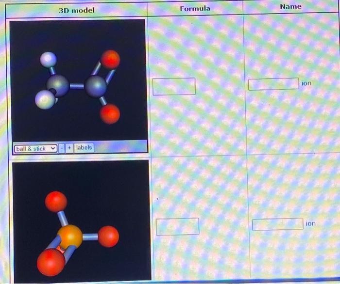 Solved Formula Name 3D model ion ball & stick + labels ion | Chegg.com