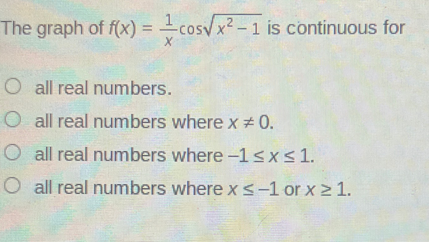 Solved The graph of f(x)=1xcosx2-12 ﻿is continuous forall | Chegg.com