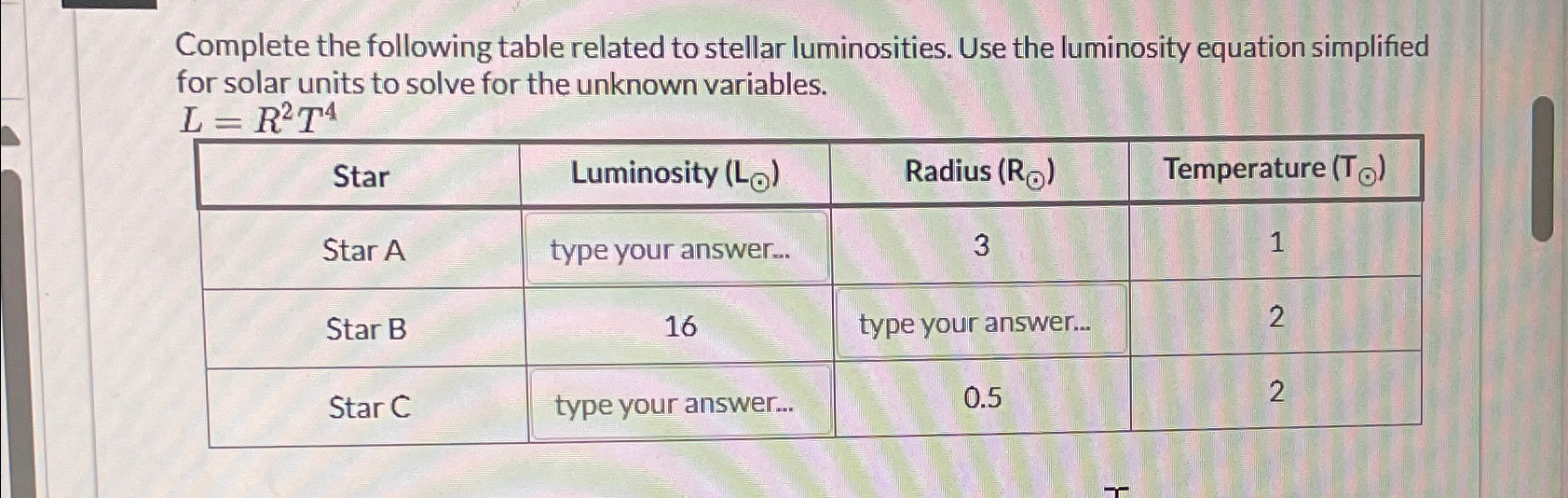 Solved Complete the following table related to stellar | Chegg.com