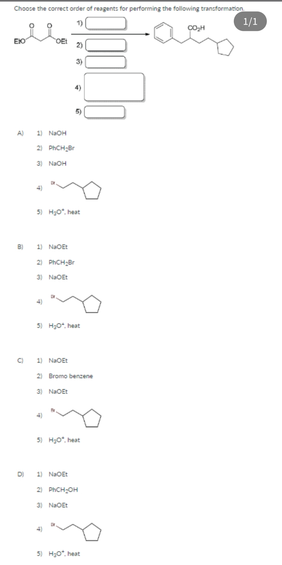 Solved A)NaOHPhCH2BrNaOHH3O+, ﻿heatB)NaOEtPhCH2BrNaOEtH3O+, | Chegg.com